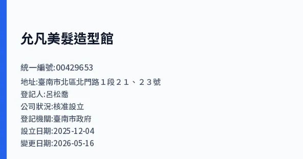允凡美髮造型館的照片-統編 00429653(臺南市) 公司登記資料與營業項目詳細圖表