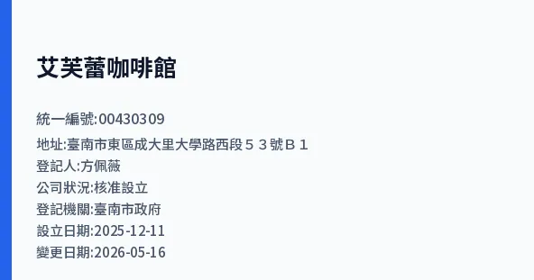 艾芙蕾咖啡館的照片-統編 00430309(臺南市) 公司登記資料與營業項目詳細圖表
