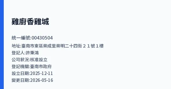 雞廚香雞城的照片-統編 00430504(臺南市) 公司登記資料與營業項目詳細圖表