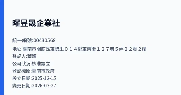 曜昱晟企業社的照片-統編 00430568(臺南市) 公司登記資料與營業項目詳細圖表