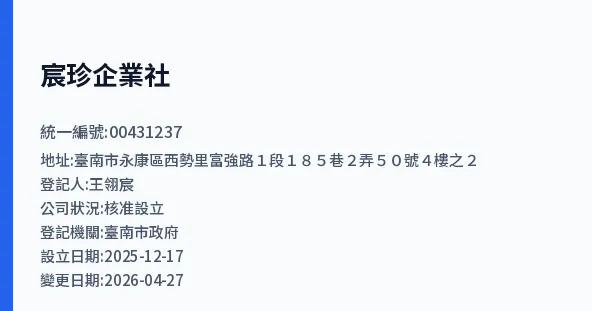 宸珍企業社的照片-統編 00431237(臺南市) 公司登記資料與營業項目詳細圖表