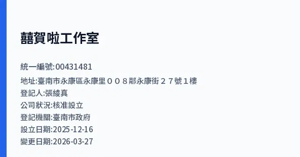 囍賀啦工作室的照片-統編 00431481(臺南市) 公司登記資料與營業項目詳細圖表