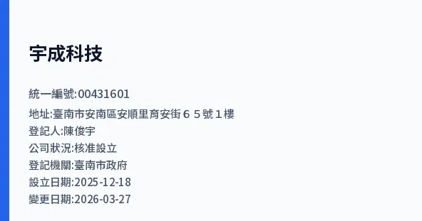 宇成科技的照片-統編 00431601(臺南市) 公司登記資料與營業項目詳細圖表