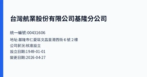台灣航業股份有限公司基隆分公司的照片-統編 00431606(基隆市) 公司登記資料與營業項目詳細圖表
