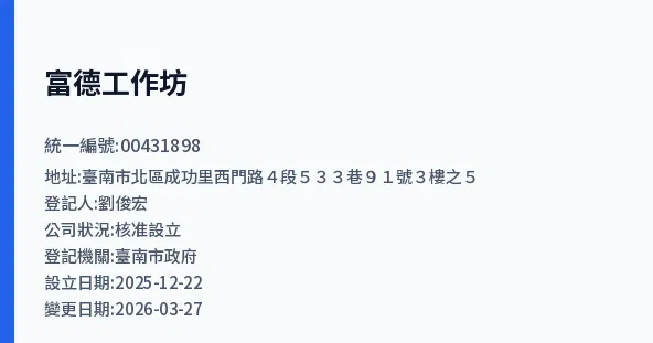 富德工作坊的照片-統編 00431898(臺南市) 公司登記資料與營業項目詳細圖表