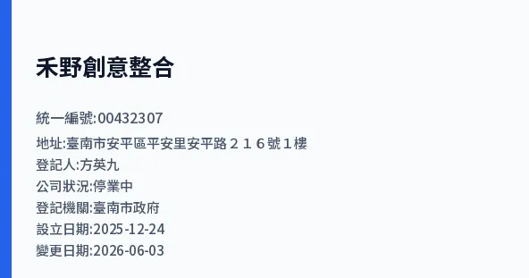 禾野創意整合的照片-統編 00432307(臺南市) 公司登記資料與營業項目詳細圖表