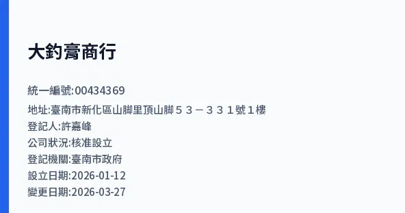 大釣膏商行的照片-統編 00434369(臺南市) 公司登記資料與營業項目詳細圖表