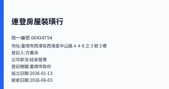 連登房屋裝璜行的照片-統編 00434754(臺南市) 公司登記資料與營業項目詳細圖表