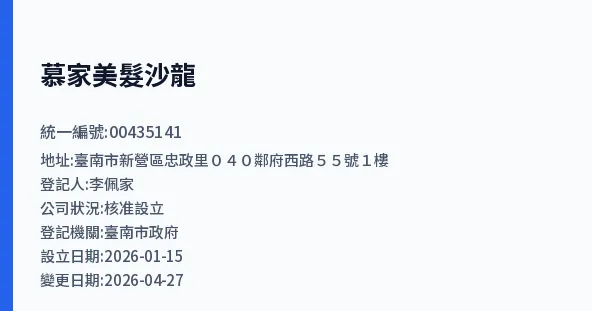慕家美髮沙龍的照片-統編 00435141(臺南市) 公司登記資料與營業項目詳細圖表