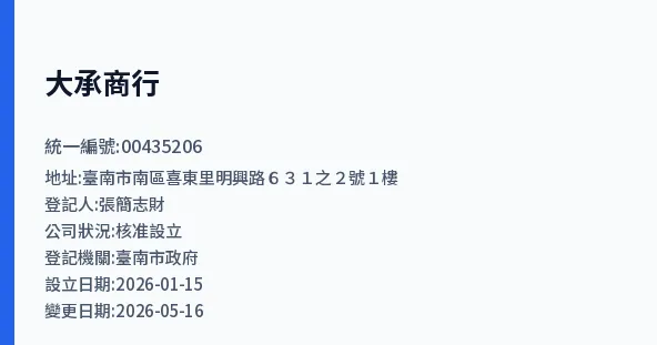 大承商行的照片-統編 00435206(臺南市) 公司登記資料與營業項目詳細圖表