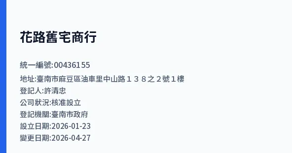 花路舊宅商行的照片-統編 00436155(臺南市) 公司登記資料與營業項目詳細圖表