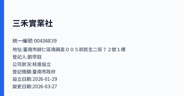三禾實業社的照片-統編 00436839(臺南市) 公司登記資料與營業項目詳細圖表