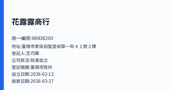 花露露商行的照片-統編 00438203(臺南市) 公司登記資料與營業項目詳細圖表