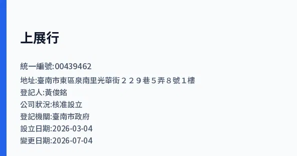 上展行的照片-統編 00439462(臺南市) 公司登記資料與營業項目詳細圖表