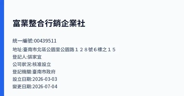 富業整合行銷企業社的照片-統編 00439511(臺南市) 公司登記資料與營業項目詳細圖表
