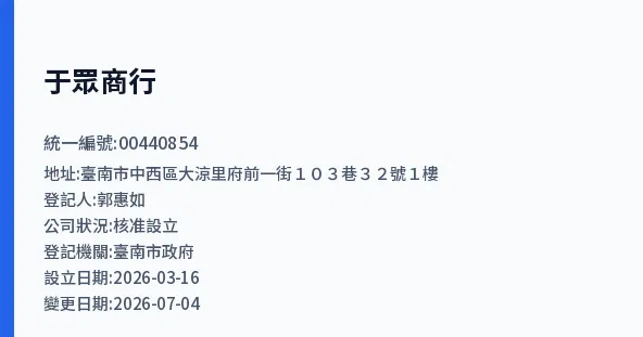 于眾商行的照片-統編 00440854(臺南市) 公司登記資料與營業項目詳細圖表