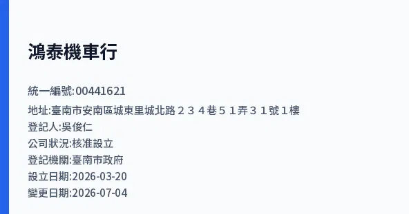 鴻泰機車行的照片-統編 00441621(臺南市) 公司登記資料與營業項目詳細圖表