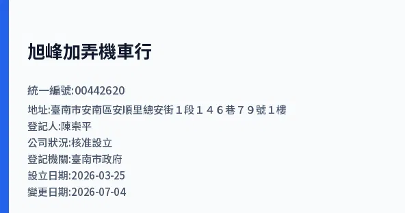 旭峰加弄機車行的照片-統編 00442620(臺南市) 公司登記資料與營業項目詳細圖表