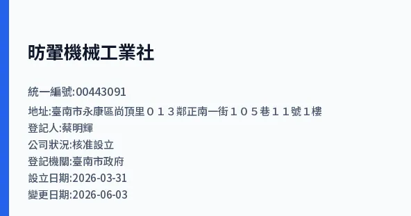 昉翬機械工業社的照片-統編 00443091(臺南市) 公司登記資料與營業項目詳細圖表