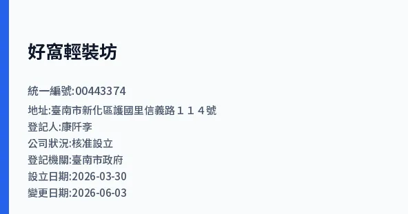 好窩輕裝坊的照片-統編 00443374(臺南市) 公司登記資料與營業項目詳細圖表