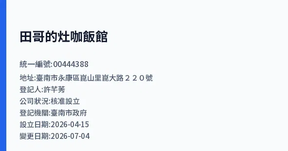 田哥的灶咖飯館的照片-統編 00444388(臺南市) 公司登記資料與營業項目詳細圖表