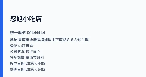 忍旭小吃店的照片-統編 00444444(臺南市) 公司登記資料與營業項目詳細圖表