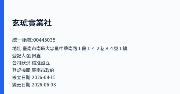 玄琥實業社的照片-統編 00445035(臺南市) 公司登記資料與營業項目詳細圖表