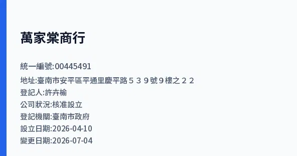 萬家棠商行的照片-統編 00445491(臺南市) 公司登記資料與營業項目詳細圖表