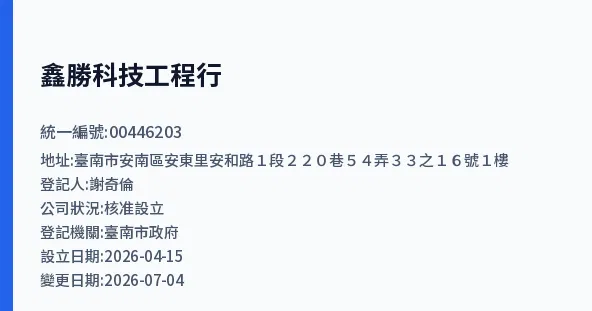 鑫勝科技工程行的照片-統編 00446203(臺南市) 公司登記資料與營業項目詳細圖表