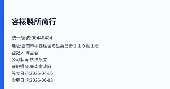 容樣製所商行的照片-統編 00446484(臺南市) 公司登記資料與營業項目詳細圖表