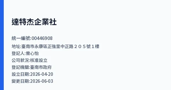 達特杰企業社的照片-統編 00446908(臺南市) 公司登記資料與營業項目詳細圖表