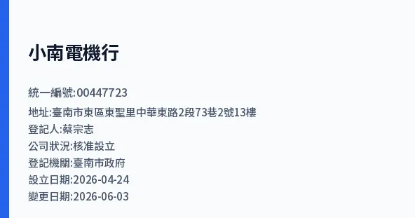 小南電機行的照片-統編 00447723(臺南市) 公司登記資料與營業項目詳細圖表