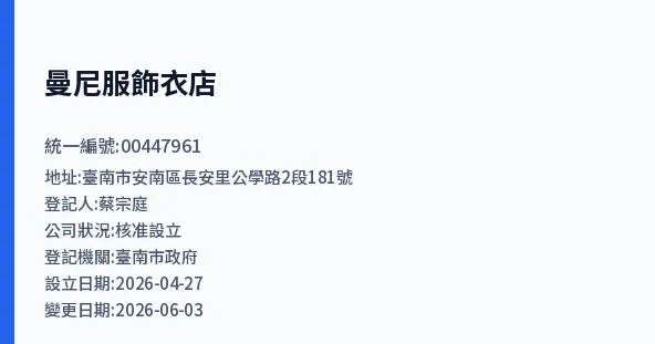 曼尼服飾衣店的照片-統編 00447961(臺南市) 公司登記資料與營業項目詳細圖表