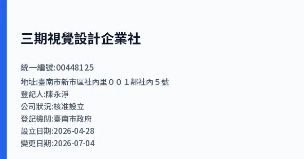 三期視覺設計企業社的照片-統編 00448125(臺南市) 公司登記資料與營業項目詳細圖表