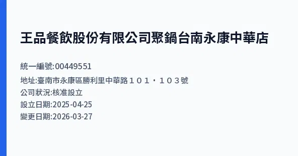 王品餐飲股份有限公司聚鍋台南永康中華店的照片-統編 00449551(臺南市) 公司登記資料與營業項目詳細圖表