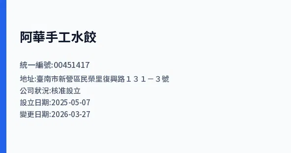 阿華手工水餃的照片-統編 00451417(臺南市) 公司登記資料與營業項目詳細圖表
