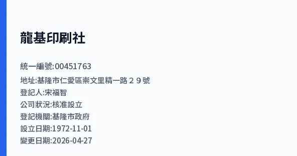 龍基印刷社的照片-統編 00451763(基隆市) 公司登記資料與營業項目詳細圖表