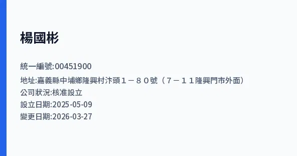 楊國彬的照片-統編 00451900(嘉義縣) 公司登記資料與營業項目詳細圖表