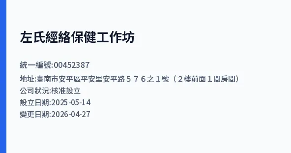 左氏經絡保健工作坊的照片-統編 00452387(臺南市) 公司登記資料與營業項目詳細圖表