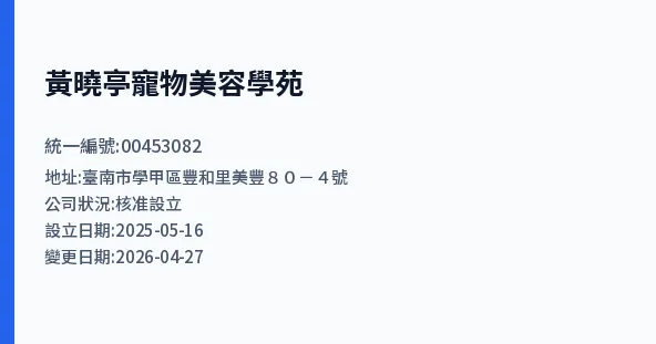 黃曉亭寵物美容學苑的照片-統編 00453082(臺南市) 公司登記資料與營業項目詳細圖表