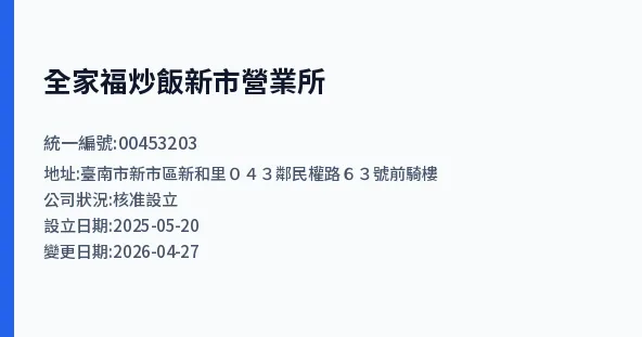 全家福炒飯新市營業所的照片-統編 00453203(臺南市) 公司登記資料與營業項目詳細圖表