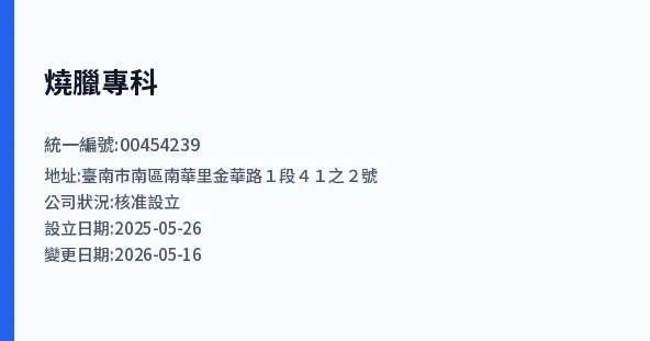 燒臘專科的照片-統編 00454239(臺南市) 公司登記資料與營業項目詳細圖表