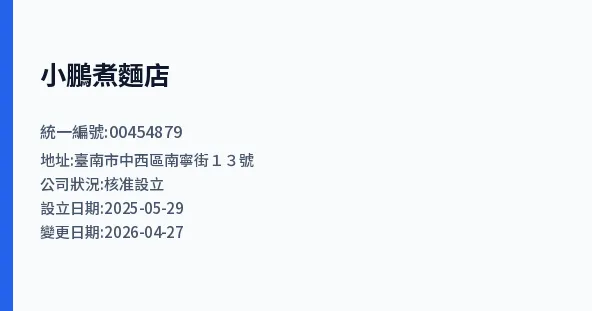 小鵬煮麵店的照片-統編 00454879(臺南市) 公司登記資料與營業項目詳細圖表