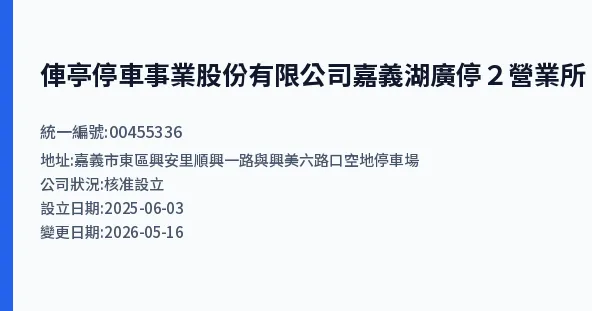 俥亭停車事業股份有限公司嘉義湖廣停2營業所的照片-統編 00455336(嘉義市) 公司登記資料與營業項目詳細圖表
