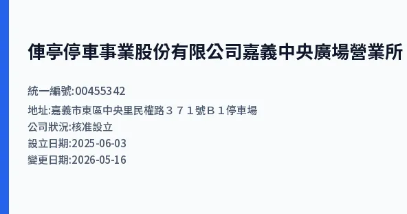 俥亭停車事業股份有限公司嘉義中央廣場營業所的照片-統編 00455342(嘉義市) 公司登記資料與營業項目詳細圖表