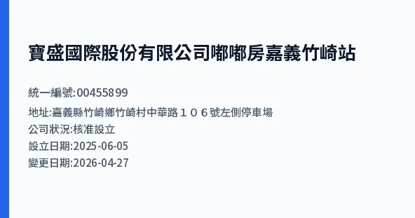 寶盛國際股份有限公司嘟嘟房嘉義竹崎站的照片-統編 00455899(嘉義縣) 公司登記資料與營業項目詳細圖表