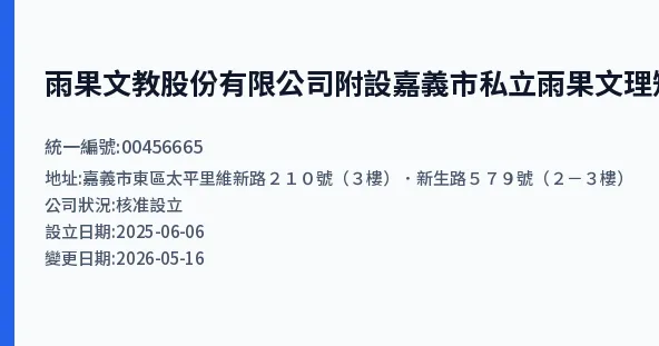 雨果文教股份有限公司附設嘉義市私立雨果文理短期補習班的照片-統編 00456665(嘉義市) 公司登記資料與營業項目詳細圖表