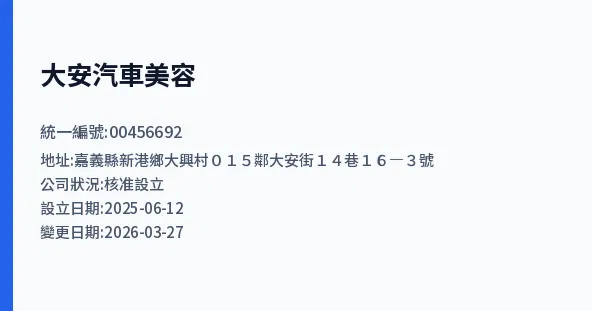 大安汽車美容的照片-統編 00456692(嘉義縣) 公司登記資料與營業項目詳細圖表