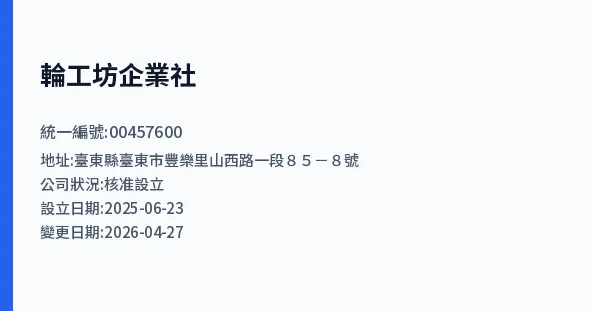 輪工坊企業社的照片-統編 00457600(臺東縣) 公司登記資料與營業項目詳細圖表