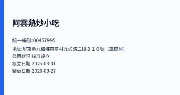 阿雲熱炒小吃的照片-統編 00457995(屏東縣) 公司登記資料與營業項目詳細圖表